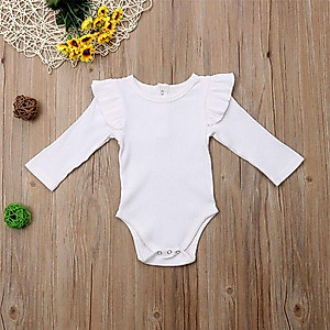 Mubineo Infant Baby Girl Basic Plain Rib Knit Ruffle Long Sleeve Romper Bodysuit Tops (White, 12-18 Months)