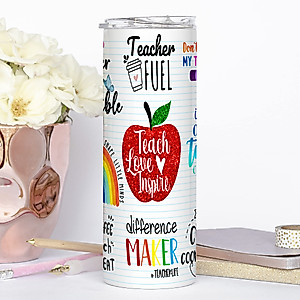 YouNique Designs Teacher Appreciation Coffee Tumbler with Straw and Lid, 20 Oz, Insulated Stainless Steel Skinny Tumbler for Women, Best Teacher Ever Tea Tumbler, Water Tumbler