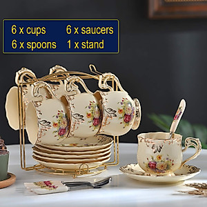 YOLIFE Flowering Shrubs Tea Cups and Saucers Set of 6, Tea Set, Ivory Ceramic Floral Tea Cups Set with Golden Rack, Coffee Cups Set, 8 oz