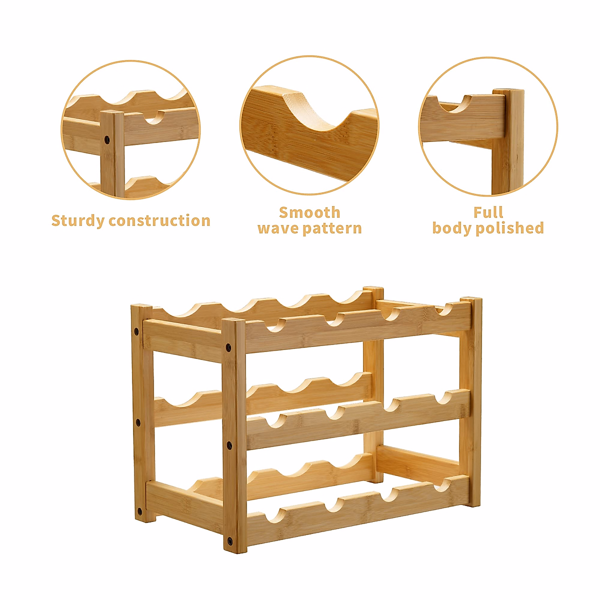 VASMIA Bamboo Wine Rack, Sturdy and Durable Wine Storage Cabinet Shelf, Wine Racks Countertop for Pantry,Kitchen,3-Tier 12 Bottles Wine Rack Natural