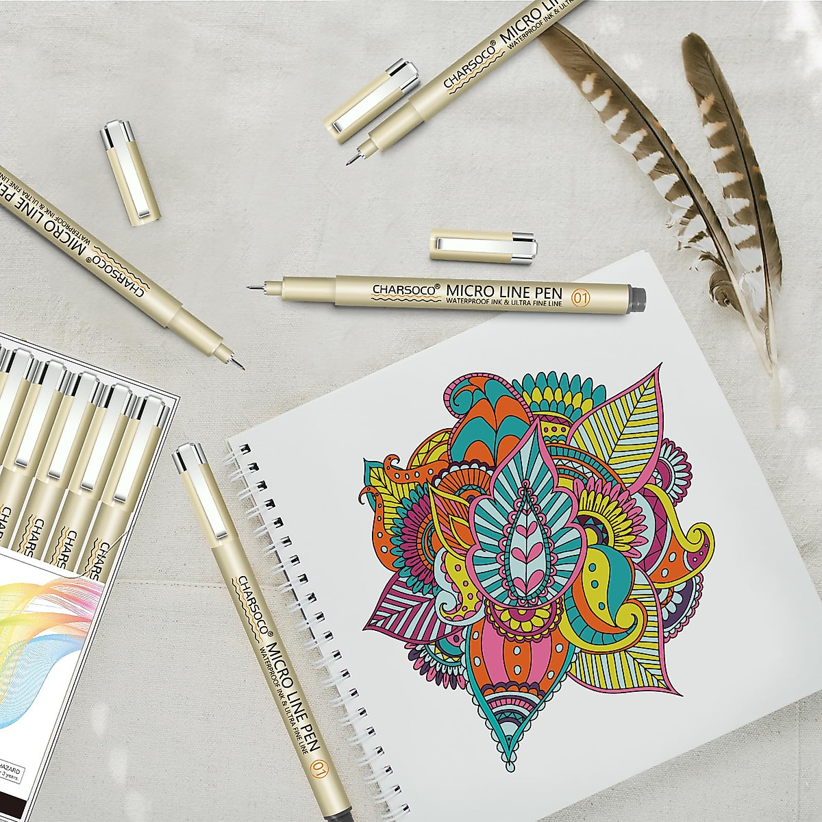 CHARSOCO 01 Micro Pen, Fine Point Pen with 12 Colors, Waterproof Archival Ink, 0.25mm Fineliner Ink Pens for Artist Illustration, Sketching, Anime, Manga, Technical Drawing and Scrapbooking