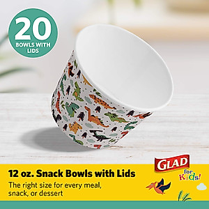 Glad for Kids Dinosaur Party Supplies - Heavy Duty Disposable Paper Snack Bowls with Lids, Perfect for Birthday Parties, Colorful Party Plates. Great for Dessert, 12 Ounce - 20 Count