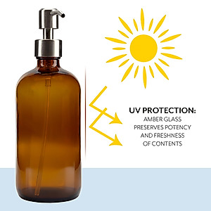 Cornucopia Brands 16-Ounce Amber Glass Bottles w/Stainless Steel Pumps (2-Pack); Lotion & Soap Dispenser Brown Boston Round Bottles for Aromatherapy, DIY