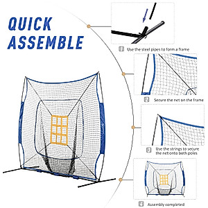 Soozier Baseball Practice Net Set with 7.5x7ft Catcher Net, Ball Caddy and Batting Tee, Portable Baseball Practice Equipment with Carry Bag for Hitting, Pitching, Batting, Catching, Blue