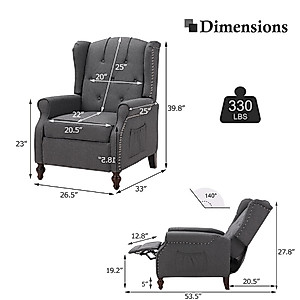 B BAIJIAWEI Tufted Wingback Recliner - Massage & Heat Function - Fabric Push Back Recliner with Remote Control, Adjustable Backrest (Grey)