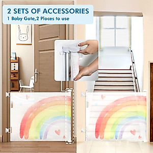 Solfres Rainbow Retractable Baby Gates, Safety Gate for Babies & Dogs Indoor 33" Tall Extends to 59" Wide, Extra Wide Mesh Gates for Kids or Pets, Pet Gate for Doorways Hallways Stairs Outdoor