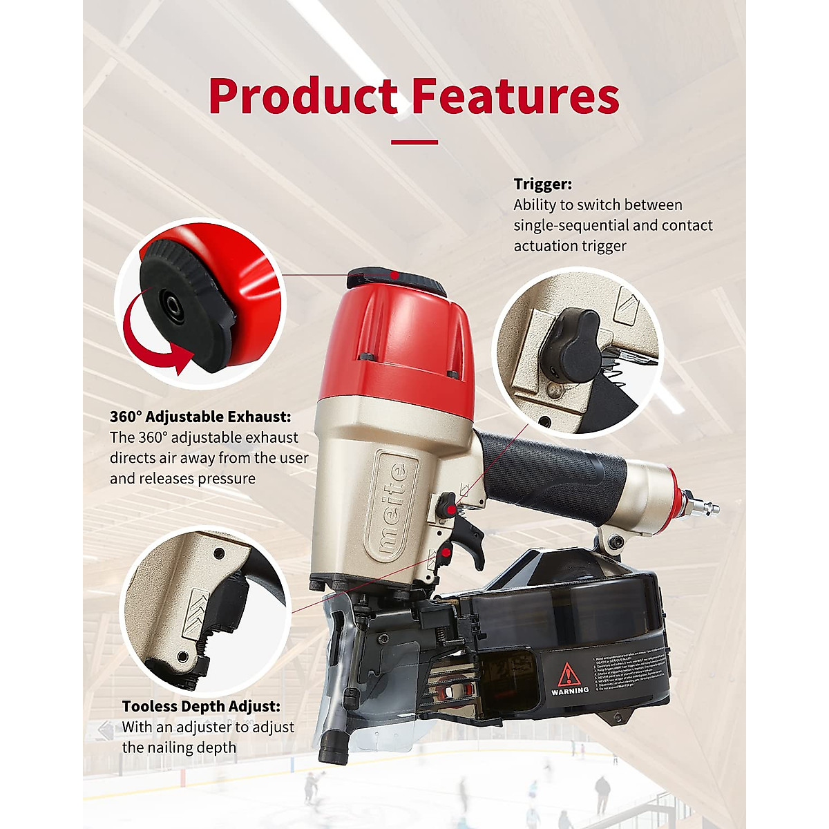 meite Siding Nail Gun, Pneumatic Coil Siding Nailer Professional Lightweight Air Coil Nail Gun with Safety Nose, Compatible with 1-1/2 Inch to 2-1/2 Inch Coil Siding Nails (CN65S)