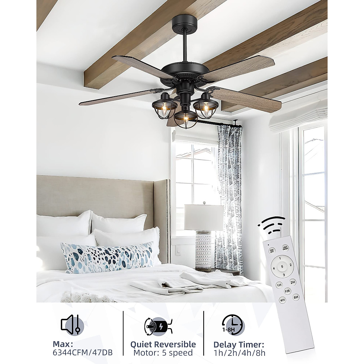 YOUKAIN Farmhouse Wooden Ceiling Fans, 52 Inch Industrial Ceiling Fan with 3 Lights and Remote Control, 5-Reversible Blades Indoor/Outdoor, Matte Black/Barnwood Finish, 52-YJ631