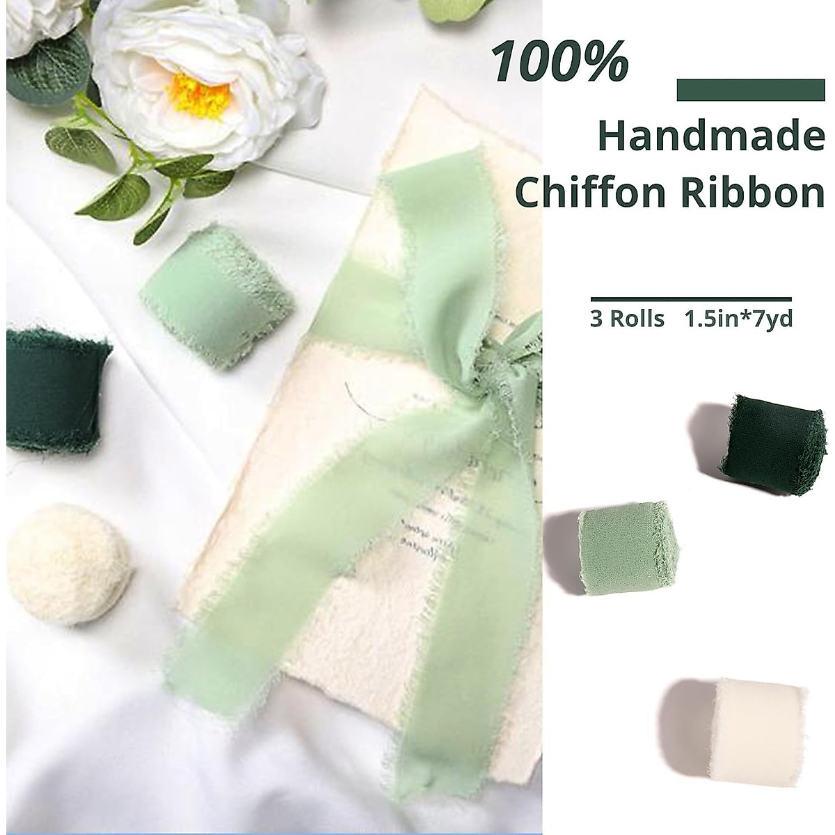 HTVRONT Chiffon Silk Ribbon 1.5" x 7Yd Soft Handmade Fringe Frayed Edged Baby Shower Bridal Bouquets Wedding Invitation Decor (Cream & Green)