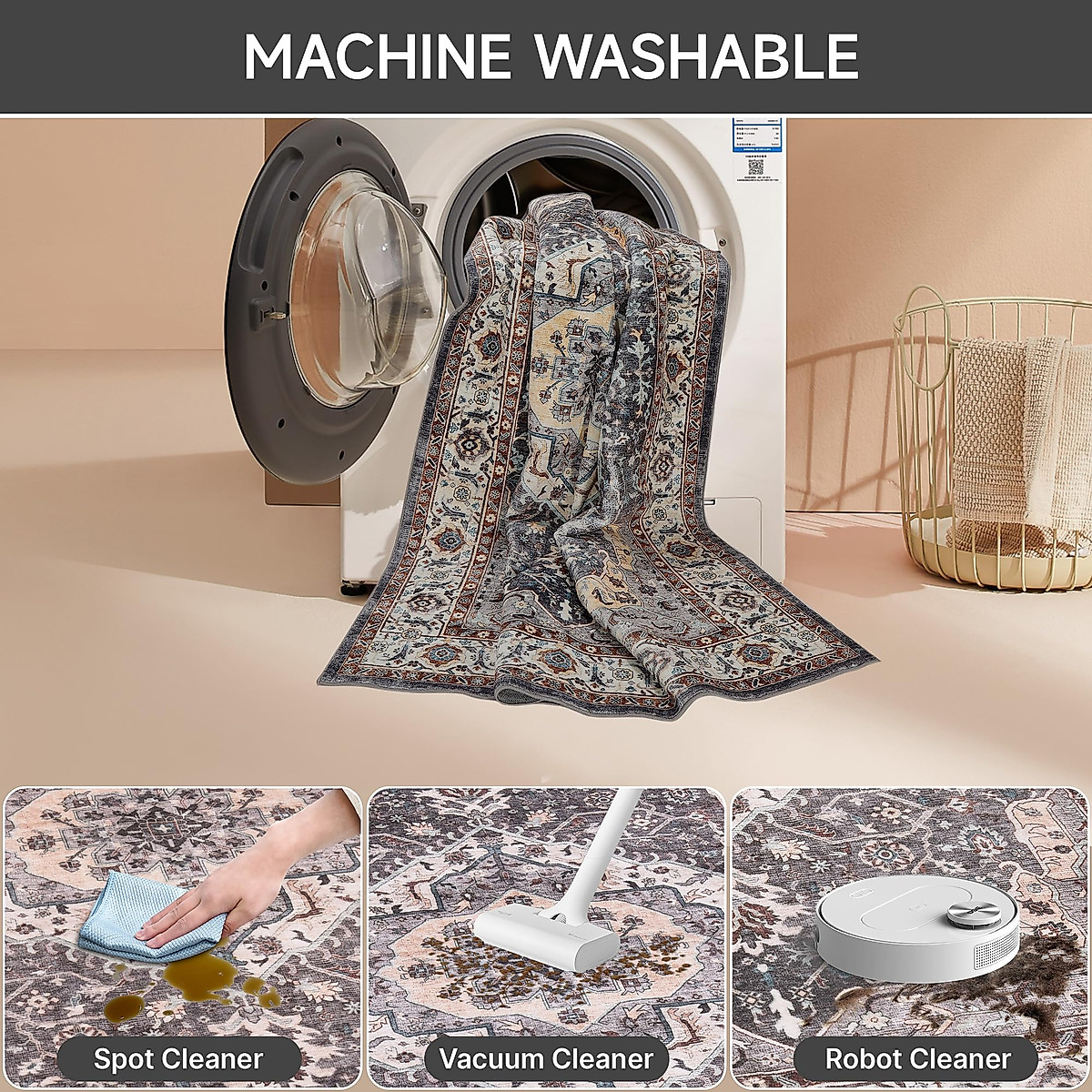 8x10 Washable Area Rugs, Boho Rug with Non-Slip Backing Non Shedding Rugs for Living Room Bedroom Kitchen Entryway Distressed Vintage Low Pile Rug (8 x 10 Brown Multi)