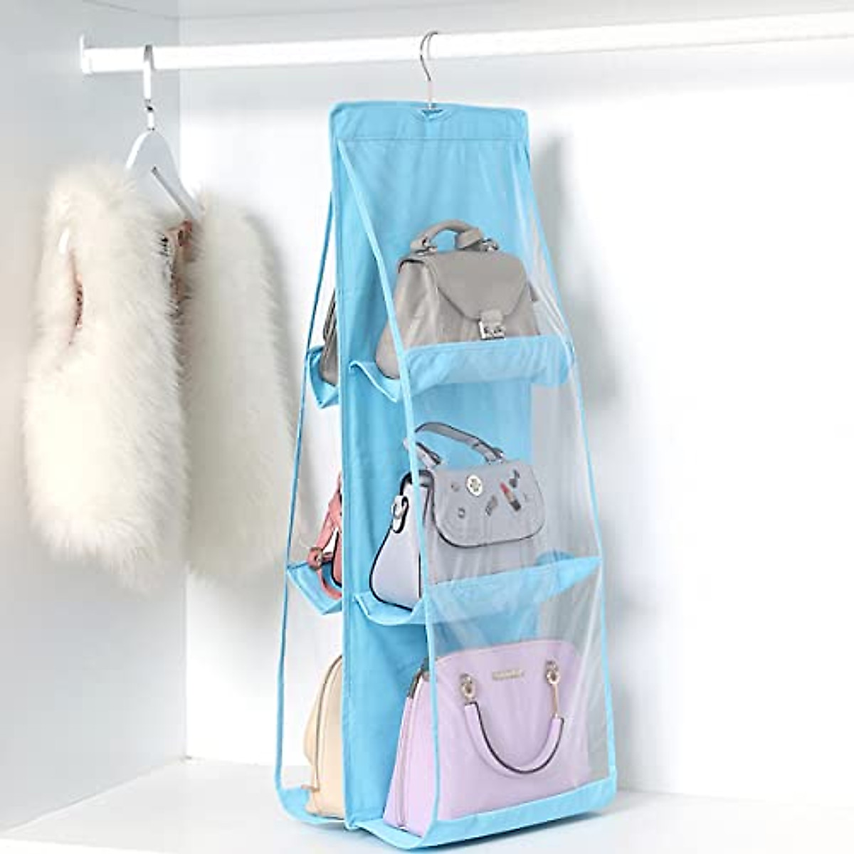Double-Sided Six-Layer Hanging Storage Bag, High Capacity Transparent Collapsible Non-Woven Hanging Handbag Storage Hanging Bag, Hanging Closet Storage Bag (Purple)