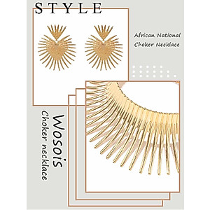 Wosois African Choker Necklace Earrings Set Gold Flower Chunky Adjustable Statement Collar Alloy Thorn Costumes Jewelry Accessories for WomenGold B