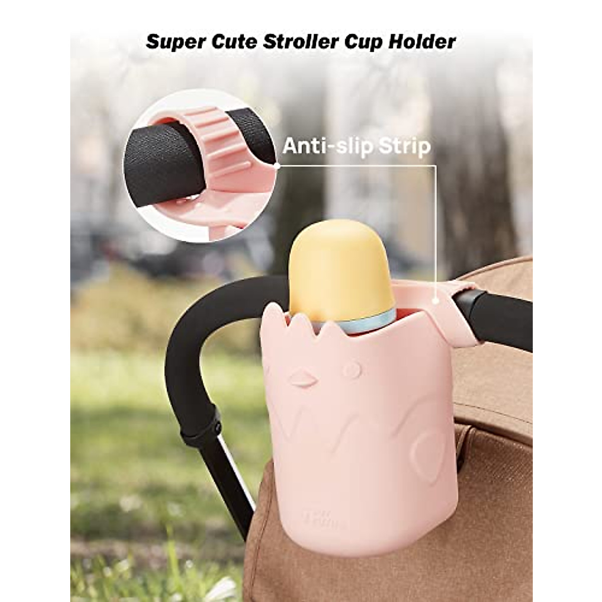 JOYTUTUS Universal Stroller Cup Holder, Cutie Holder Silicone Phone Holder Organizer for Stroller, Bike, Treadmill, Walker, Boat, Lawn Chairs (Pink)