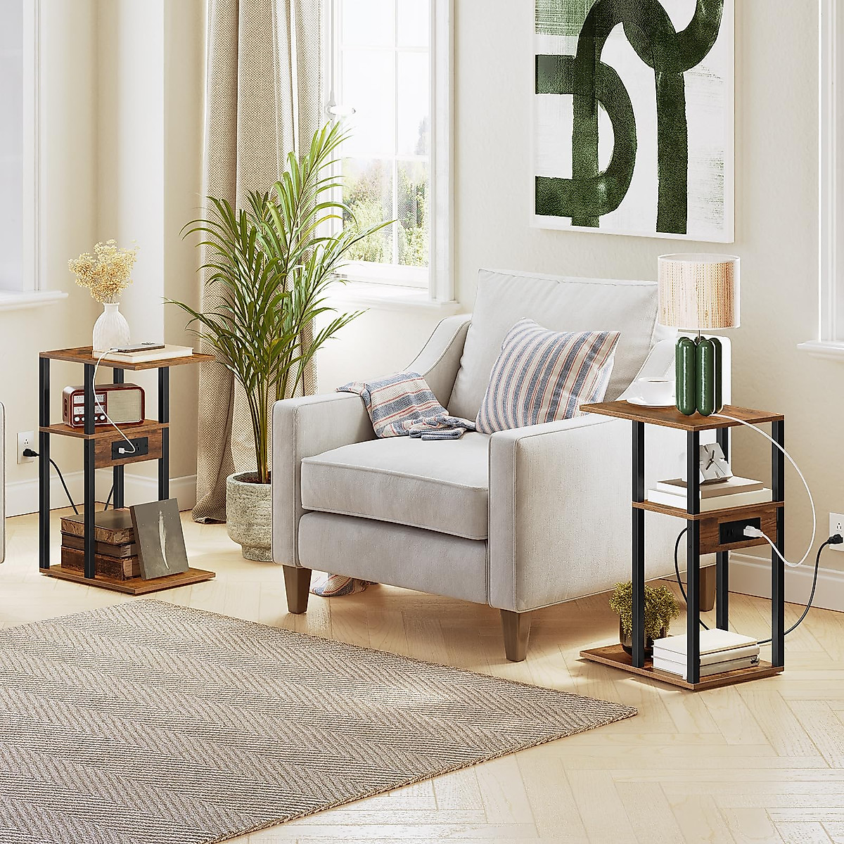 HOOBRO C Shaped End Table Set of 2 with Charging Station, Side Table with 2 USB Ports and Outlets, TV Tray Table, Couch Table for Small Spaces, Living Room, Bedroom, Rustic Brown and Black BF62USFP201