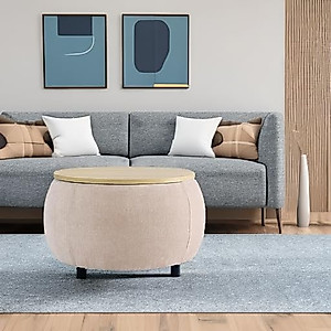 Kakotito Modern Round Storage Ottoman with Wooden Lid,Circle Ottoman Handmade Ottoman Coffee Table,End Table & Footstool for Living Room (Pink)