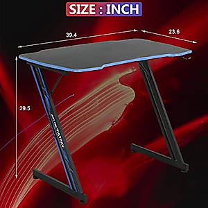 Yewuli 39.4'' Gaming Desk Computer Desk Gaming Table Z Shaped Gaming Workstation Pc Gamer Desk Small Computer Desk Adjustable Height with Headphone Hook, Blue