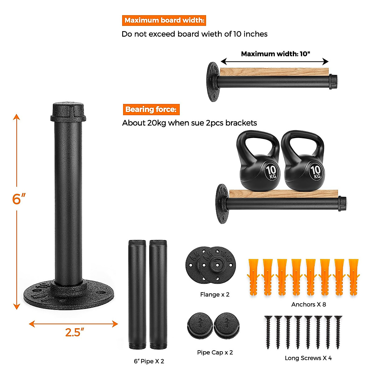 Home Expert 6 Inch Black Industrial Pipe Floating Clothing Rack Wall Mounted, Heavy Duty Garment Rack for Hanging Clothes, Multi-purpose Hanging Rod for Closet Storage, 2 Pack