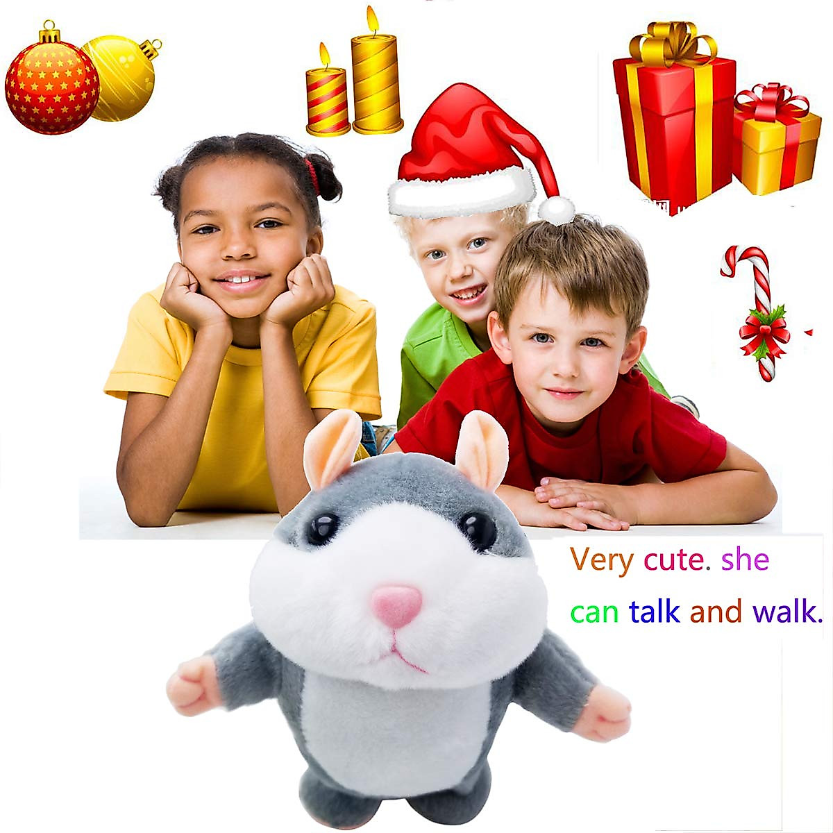 Upgrade Version Talking Hamster Mouse Toy - Repeats What You Say and Can Walk - Electronic Pet Talking Plush Buddy Hamster Mouse for Kids Gift Party Toys (Grey)