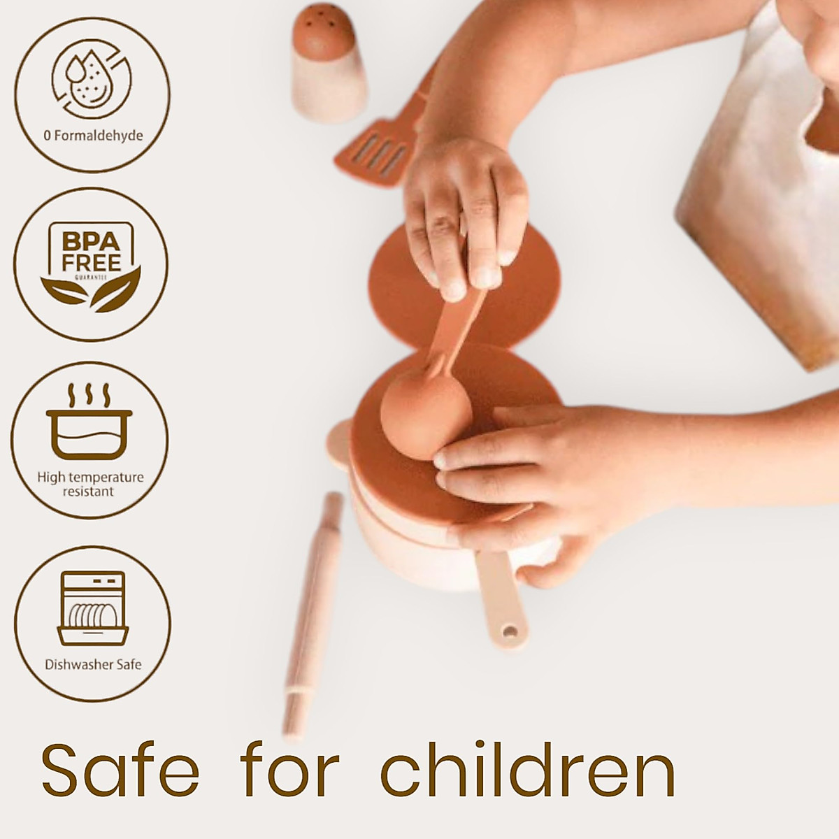 Educational kids kitchen silicone pretned toys 9 pcs, play kitchen accesories set with cookware,utensils,pots, seasoning bottles for Children, role play kitchen toy -safe and easy clean