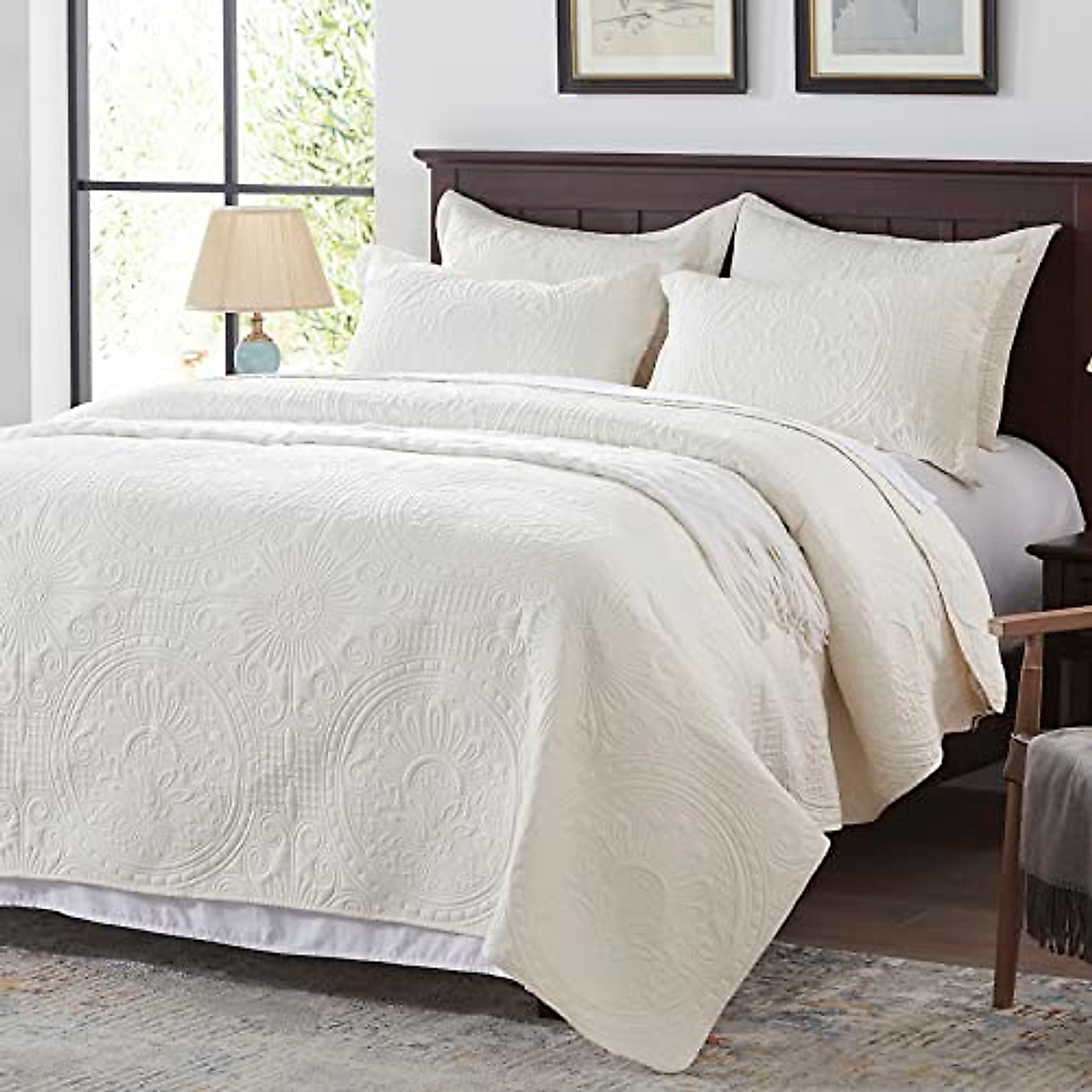 Anluoer Quilt Queen Size Bedding Set-Cream Embossed, Bedspreads-Lightweight Summer Soft Microfiber Bedspread, Bed Coverlet for All Seasons (1 Quilt, 2 Pillow Shams)