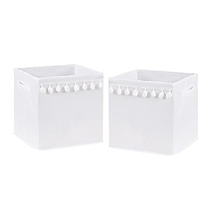 Sweet Jojo Designs White Foldable Fabric Storage Cube Bins Boxes Organizer Toys Kids Baby Childrens - Set of 2 - Gender Neutral Solid Color Bohemian Southwest Tribal Pom Pom for Llama Collection