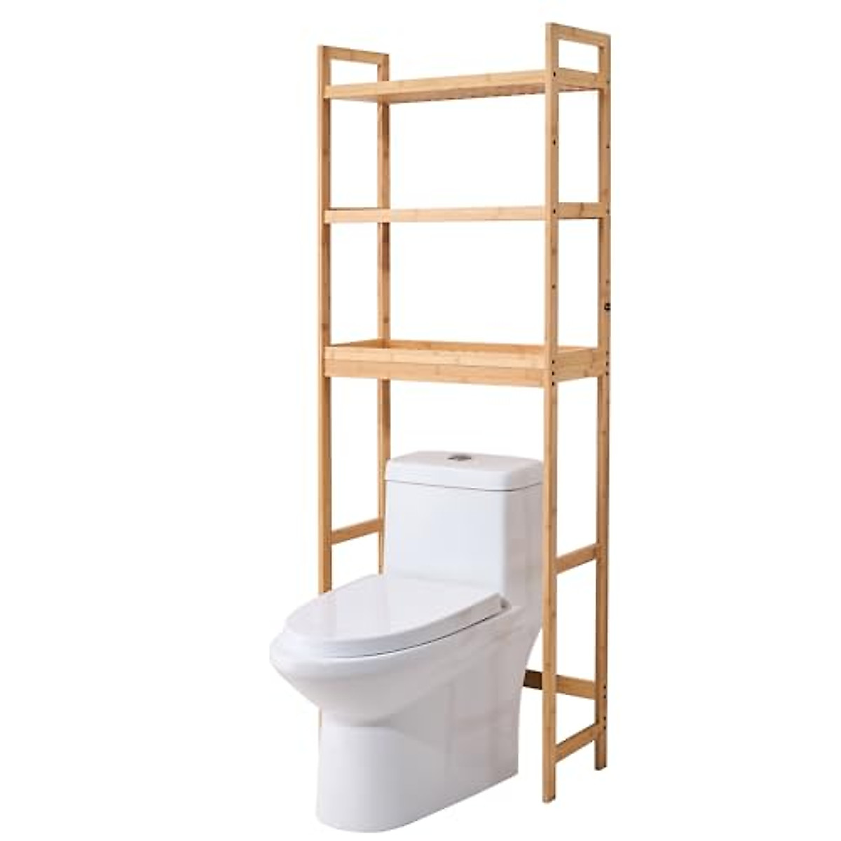VEVOR Over The Toilet Storage, 3-Tier Adjustable Over Toilet Bathroom Organizer, Bamboo Storage Shelf Rack with 3 Hooks, Freestanding Easy Assembly Laundry Space Saver, Fit Most Toilets