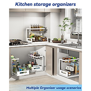 Merrylun Under Sink Organizers, 2 Pack Metal Pull Out Under Sink Organizers and Storage Shelves with Sliding Drawer, Under Sink Storage for Kitchen, Bathroom, White, 2 Pack…