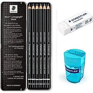 Staedtler Mars Lumograph Black Artist Wooden Lead Pencil - Box of 6 (8B 7B 6B 4B 2B HB) in Metal Box- with Tub 2-Hole Sharpener and Free Eraser