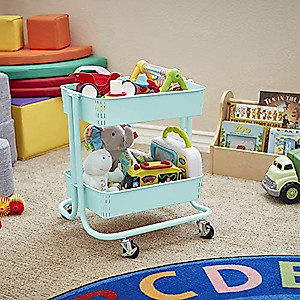 ECR4Kids 2-Tier Metal Rolling Utility Cart - Under Desk Office Storage, Multipurpose Mobile Organizer, Teal