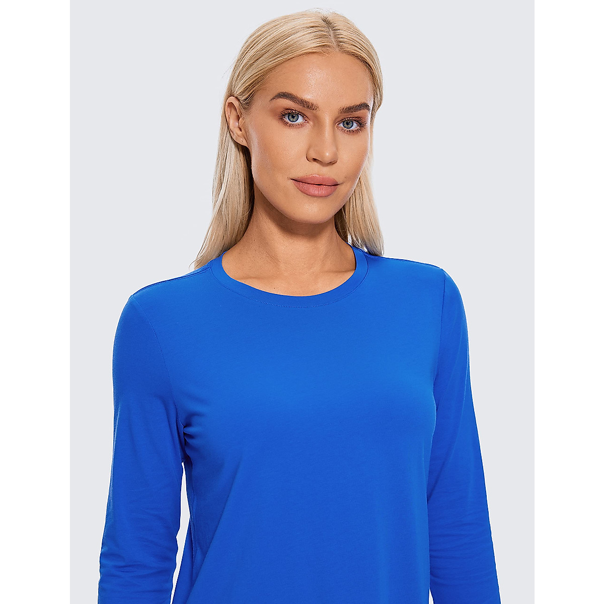 CRZ YOGA Pima Cotton Workout Long Sleeve Shirts for Women Athletic Crewneck Yoga Casual Tops Plain T-Shirt Strong Blue Large