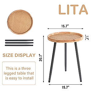 LITA Rattan Log Desktop Round Side End Table, Nightstand/Small Tables, Indoor Outdoor Wooden Tray Table with Metal Stand End Table for Living Room Bedroom Office Small Spaces