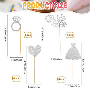 24 Pcs Glitter Bride Cupcake Toppers, Heart Ring Dress Cupcake Toppers Silver Glitter Wedding Cupcake Toppers Bridal Shower Cupcake Picks for Wedding Bachelorette Party Engagement Party Supplies