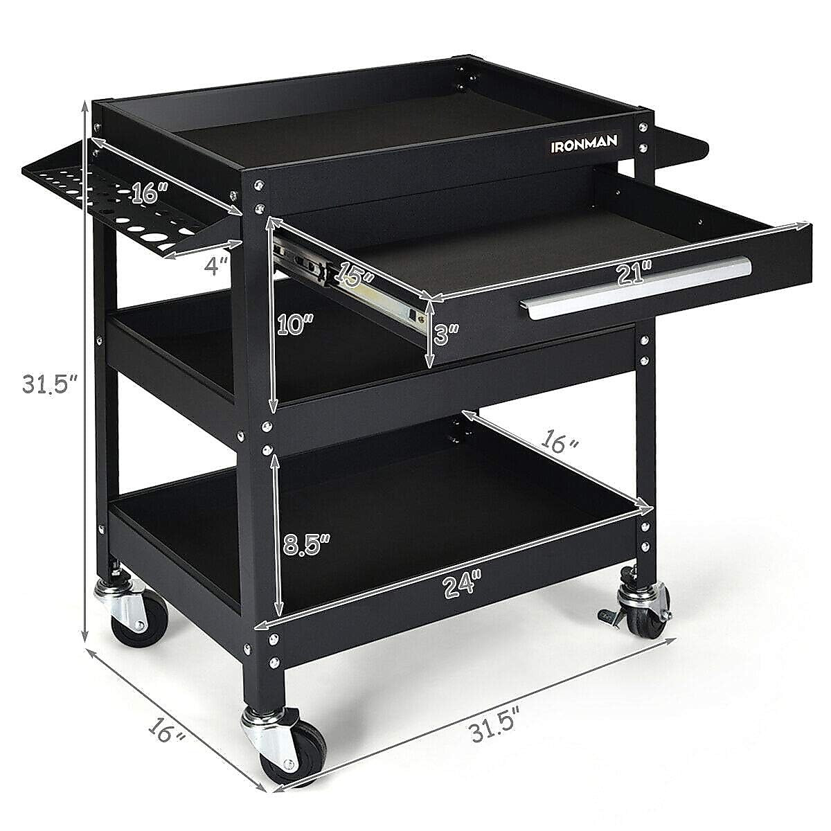 IRONMAX 3 Tier Tool Chest, Heavy Duty Industrial Utility Service Cart with Drawer & Wheels, Rolling Mechanic Tool Box Organizer for Garage Warehouse Workshop Repair Shop Office, 330 LBS Capacity