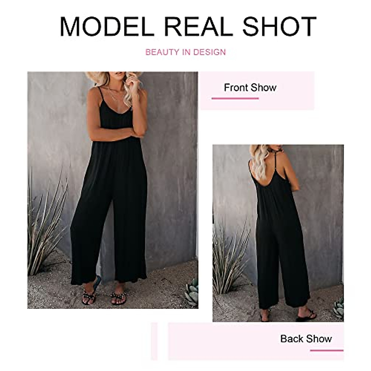 Dokotoo Women's Loose Plus Size Black Jumpsuits for Women Adjustable Spaghetti Strap Stretchy Wide Leg Solid One Piece Sleeveless Long Pant Romper Jumpsuit with Pockets 2XLarge