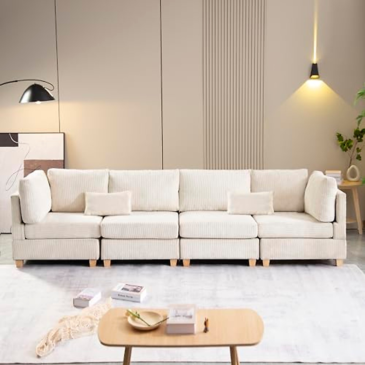 Eafurn Convertible Modular Sectional Sofa Set, Free Combinational Corner Couch, Corduroy Upholstered Deep Seat Comfy Sofa&Couches with Solid Wood Legs for Living Room Apartment, Beige 126.38"