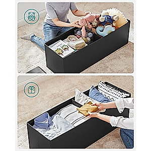 SONGMICS 43 Inches Folding Storage Ottoman Bench, Storage Chest, Footrest, Coffee Table, Padded Seat, Faux Leather, Holds up to 660 lb, Black ULSF701