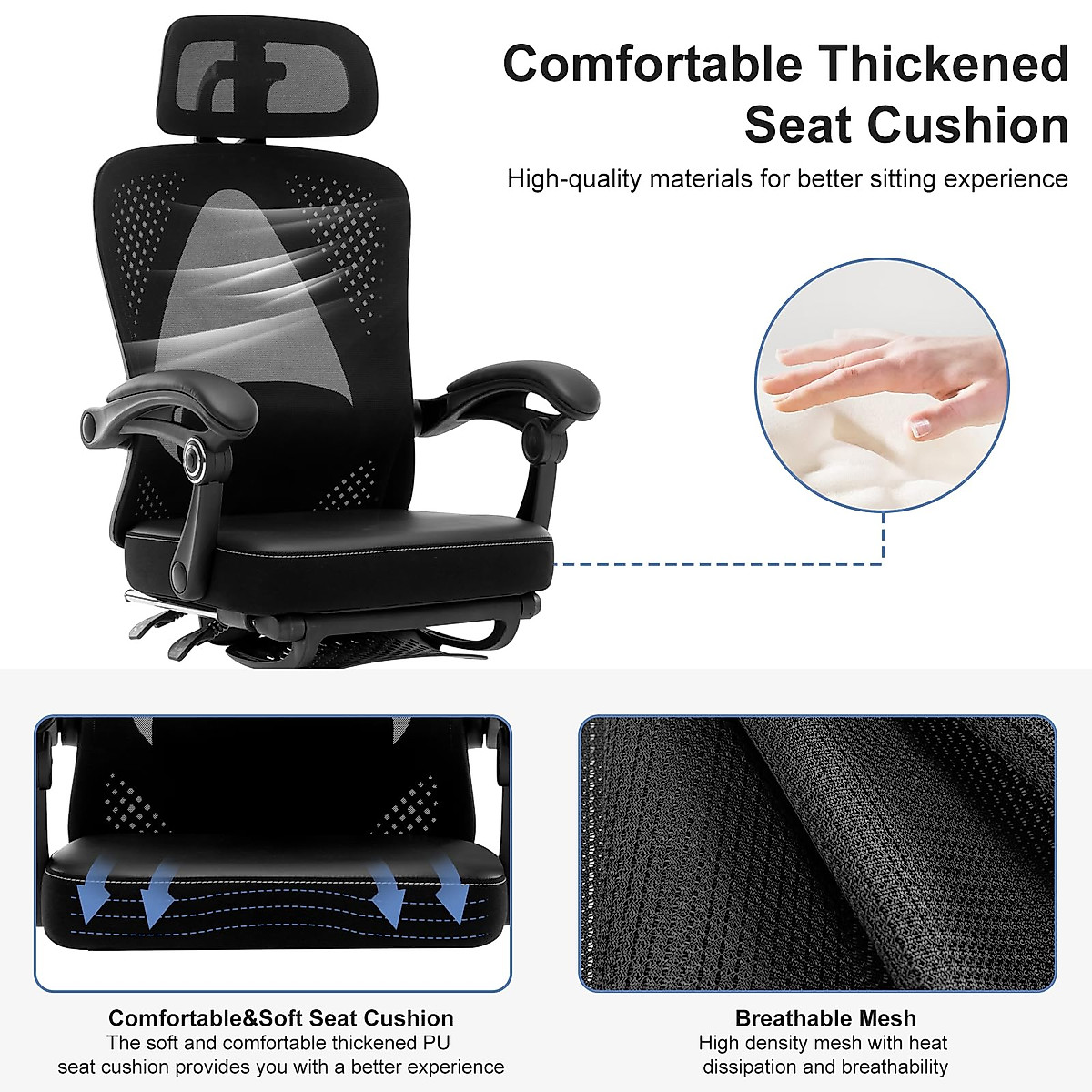 Ergonomic Office Chair, Reclining High Back Home Office Desk Chairs with Adjustable Lumbar Support Swivel Computer Gaming Chair with Headrest Footrest,PU Leather Executive Task Chair, Black