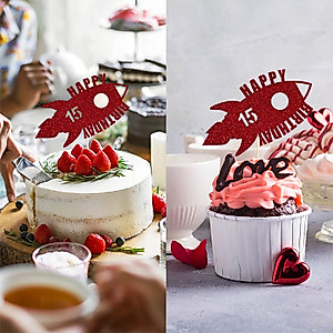 Red Rocket 14th Birthday Cake Topper, Glitter Boy Girl Space 14 Years Birthday Party Decoration