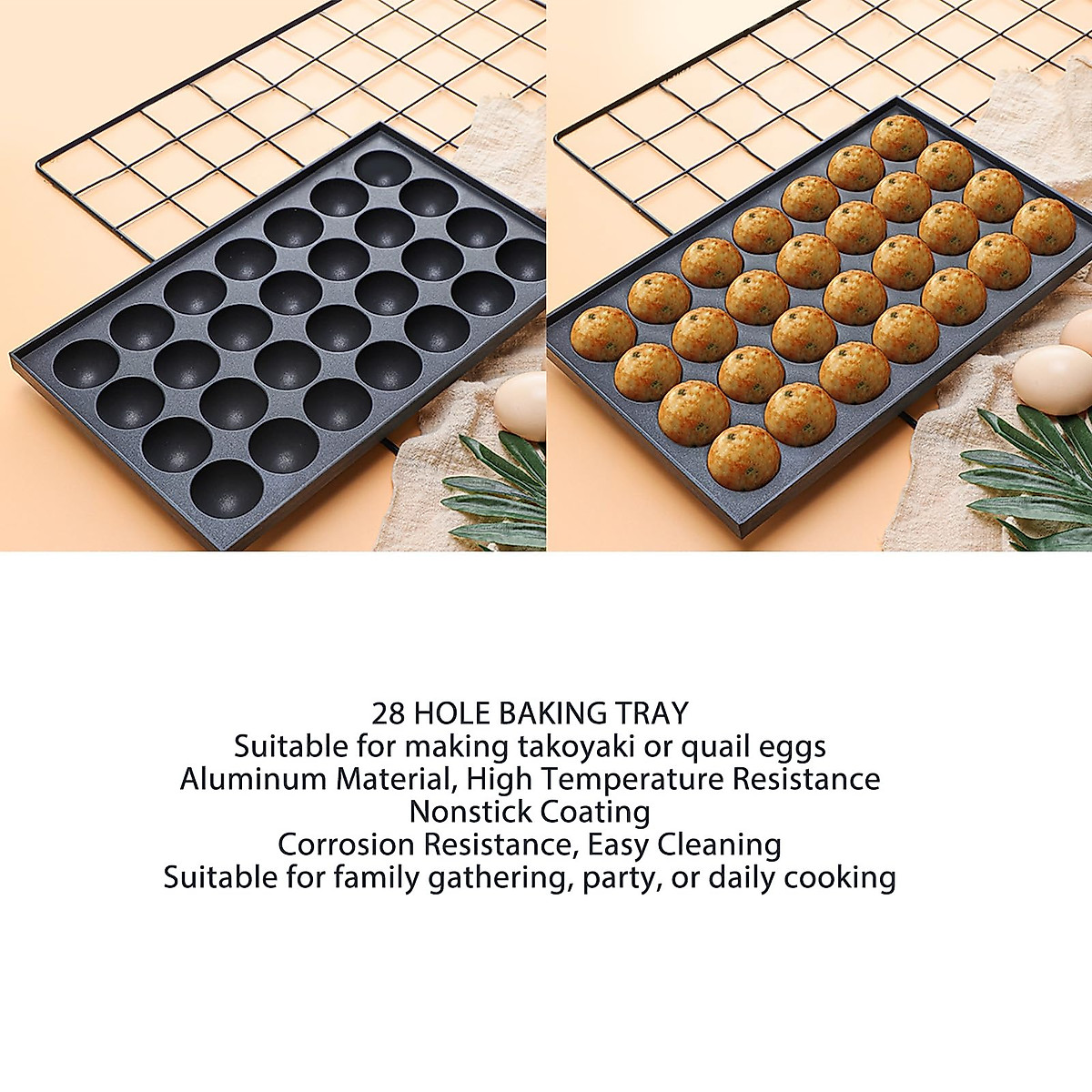 28 Holes Takoyaki Maker, Nonstick Aluminum Kitchen Frying Pan, Octopus Meatballs Baking Tray with Hole Diameter 4cm, Versatile Cooking Tray for Meat Balls, Quail Eggs