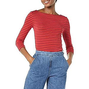 Amazon Essentials Women's Slim-Fit 3/4 Sleeve Boat Neck T-Shirt, Red Burgundy Stripe, Medium