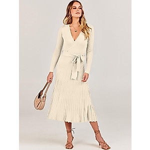 ANRABESS Women's 2024 Long Sleeve Sweater Dress Wrap V Neck Pleated Ribbed Knit A Line Belted Tie Waist Midi Dress Beige Medium