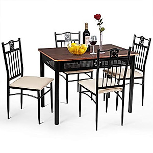 Tangkula 5 Piece Dining Table and Chairs Set Vintage Retro Wood Top Metal Frame Padded Seat Dining Table Set Home Kitchen Dining Room Furniture