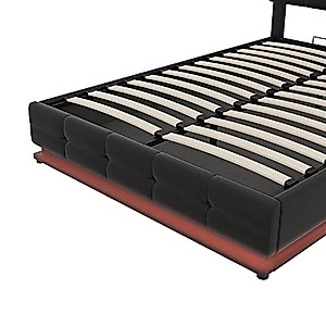 Harper & Bright Designs Lift Up Storage Bed Full Size Upholstered with LED Lights and USB Charger, Faux Leather Platform Frame Hydraulic System, for Kids Teens Adults (Full Size, Black)