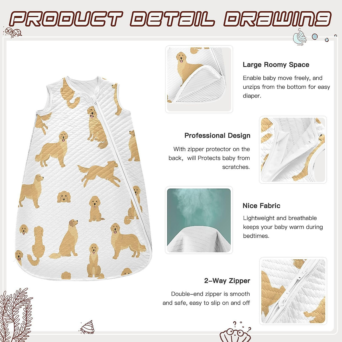 Golden Retriever Dogs Adult Goldies and Puppy Set Baby Sleeping Bag,Baby Wearable Blanket,Toddler Sleep Sack,Sleep Suit for Infant Newborn Babies 0-6 Months