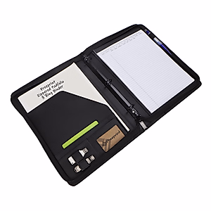 Freeprint Zippered Portfolio Binder 3 Ring with Writing Pad Legal Size Letter - PU Leather Professional Padfolio Folder for Interview Business, Black