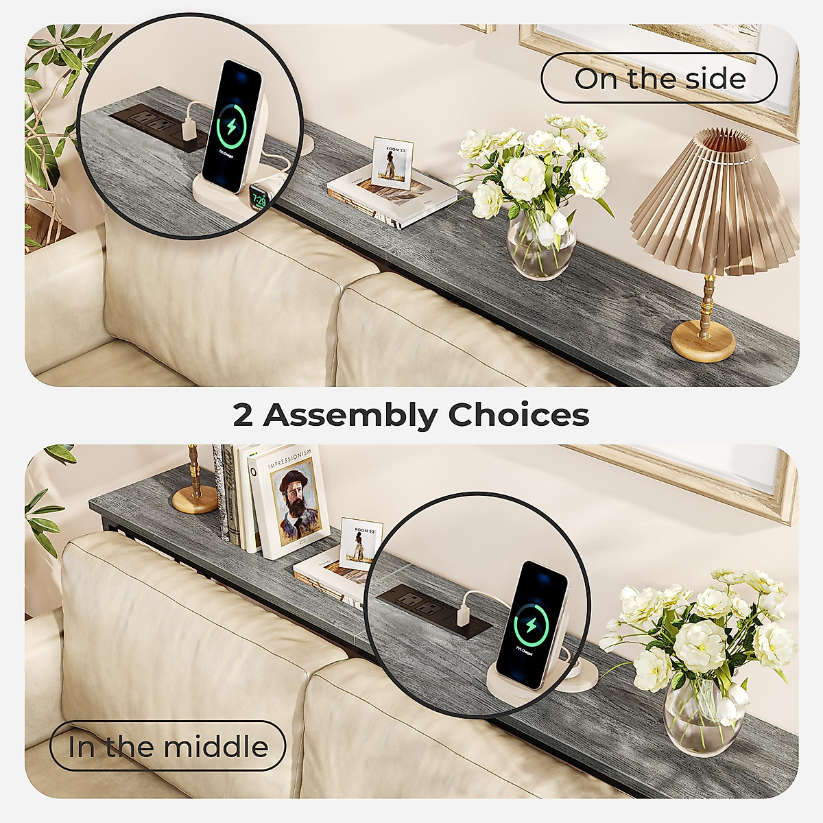 SUPERJARE 70 Inch Console Table with Outlet, Extra Long Sofa Table with Charging Station, Couch Table Behind Sofa, Foyer Tables for Entryway, Living Room - Gray