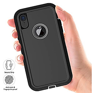 for iPhone XR Case with 2 x Screen Protector, Heavy Duty Shockproof/Drop Proof/Dust Proof 3-Layer Military Protection Full Body Rugged Defender Durable Cover for Apple iPhone XR (Black & Gray)