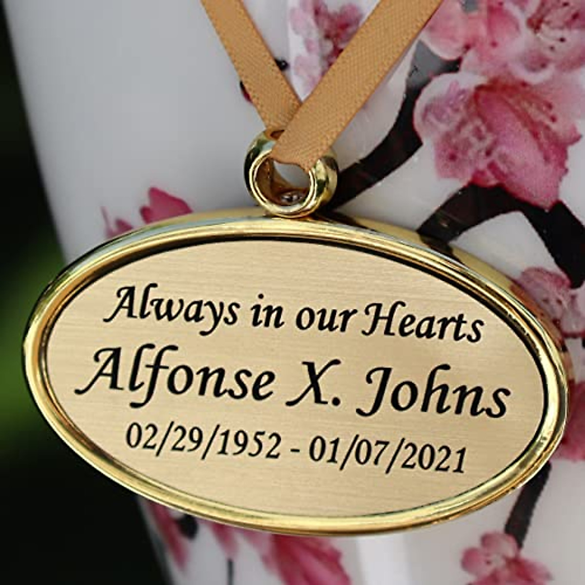 Gold Oval Engraved Pendant - Hanging Plate Medallion Plaque for urns That can’t be Engraved - Includes Smooth Satin Ribbon - Made in Brass - Black Engraving (Gold Tone)