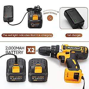 Adedad 20V Cordless Drill Set Electric Power Drill Kit with 2 Batteries and Charger,300 in-lbs Torque, 3/8 Inch Keyless Chuck, 23+1 Position,2 Variable Speed, LED Light and 48pcs Accessories