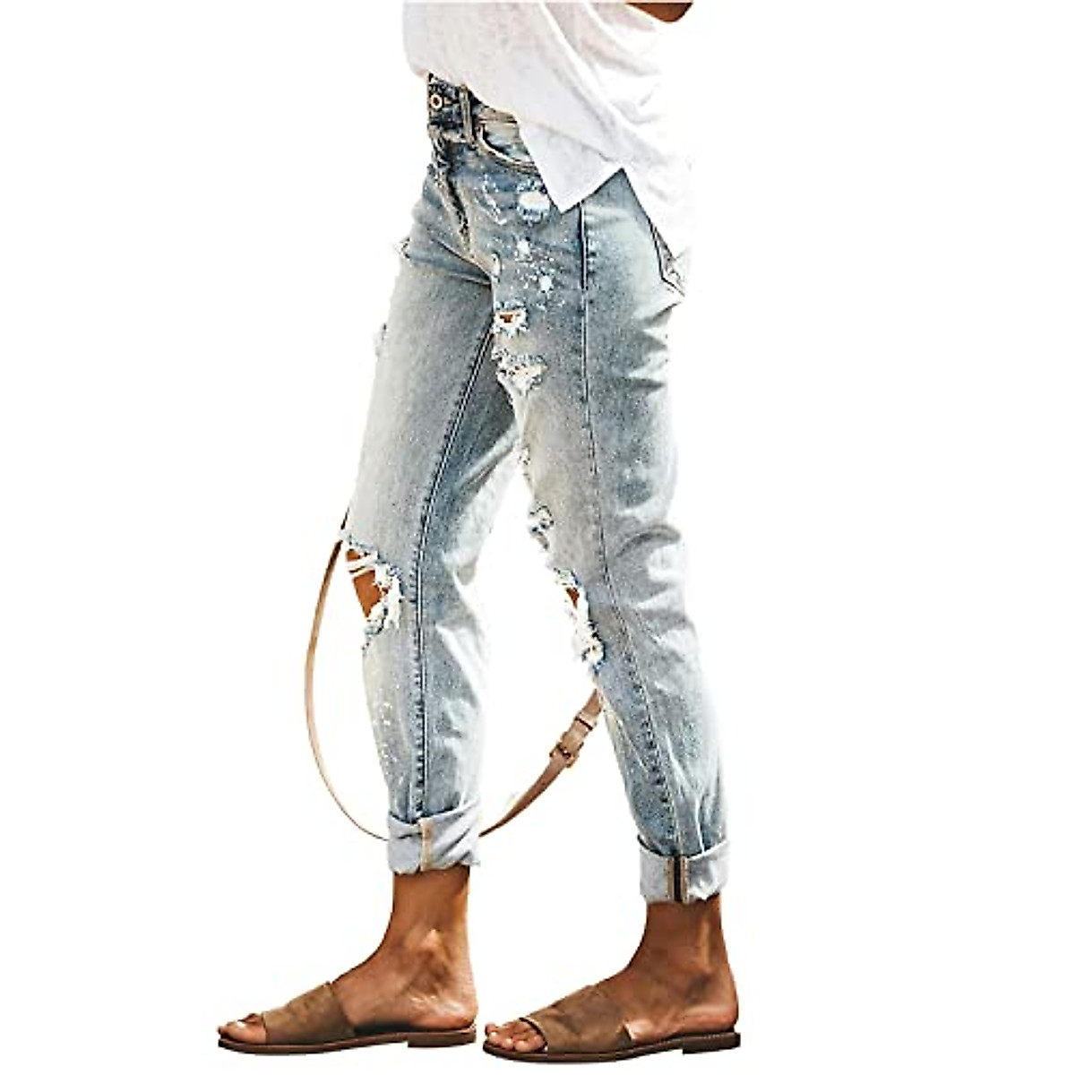 HETIPR Women's Ripped Boyfriend Jeans Mid Rise Loose Fit Distressed Stretchy Denim Pants US Medium, Light Blue